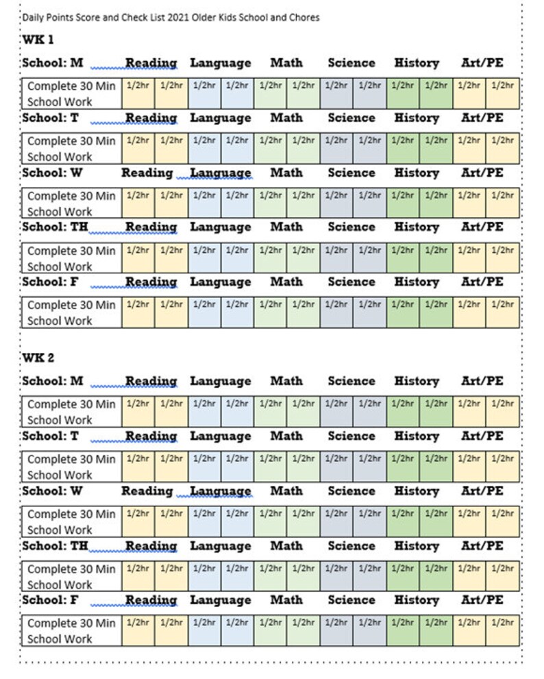 Daily Points Score and Homeschool Checklist Older Kids and Chores - Etsy