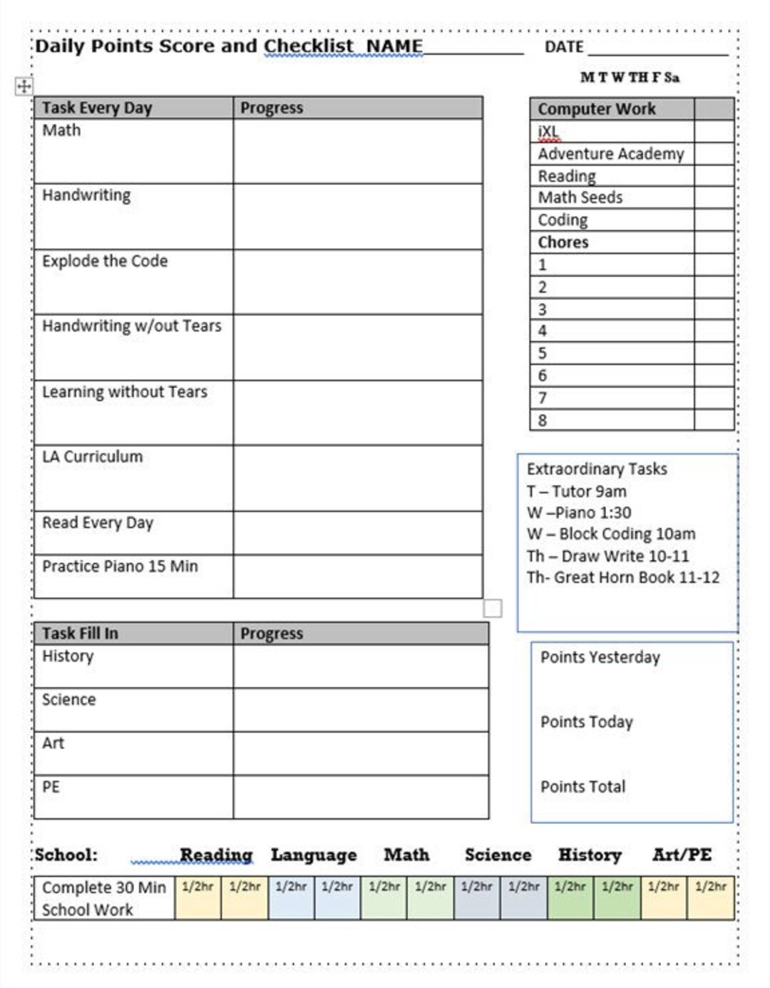 Daily Points Score and Homeschool Checklist Older Kids and Chores - Etsy
