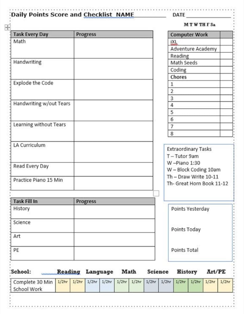Daily Points Score and Homeschool Checklist Older Kids and Chores - Etsy