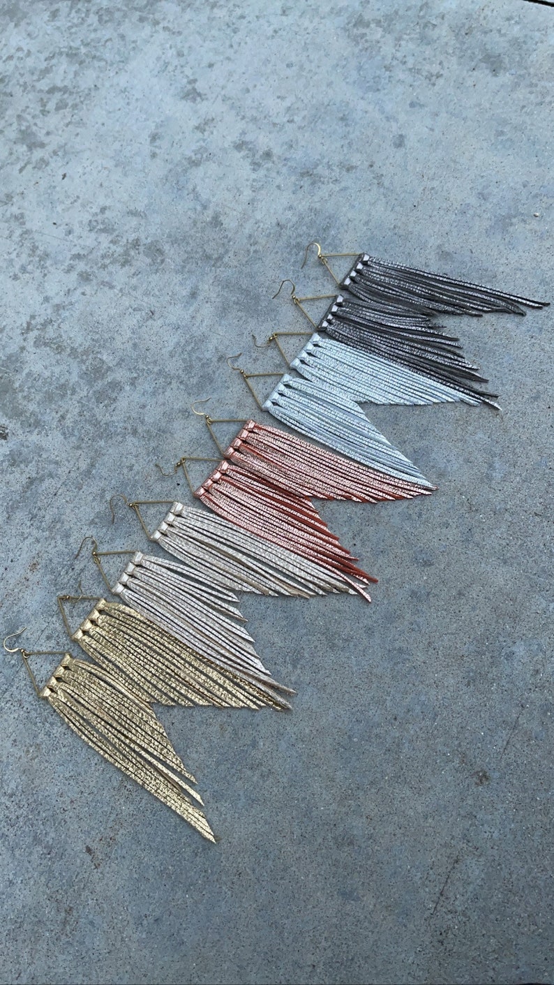 Heavy Metal Metallic Leather Fringe Earrings, Metallic Earrings ...