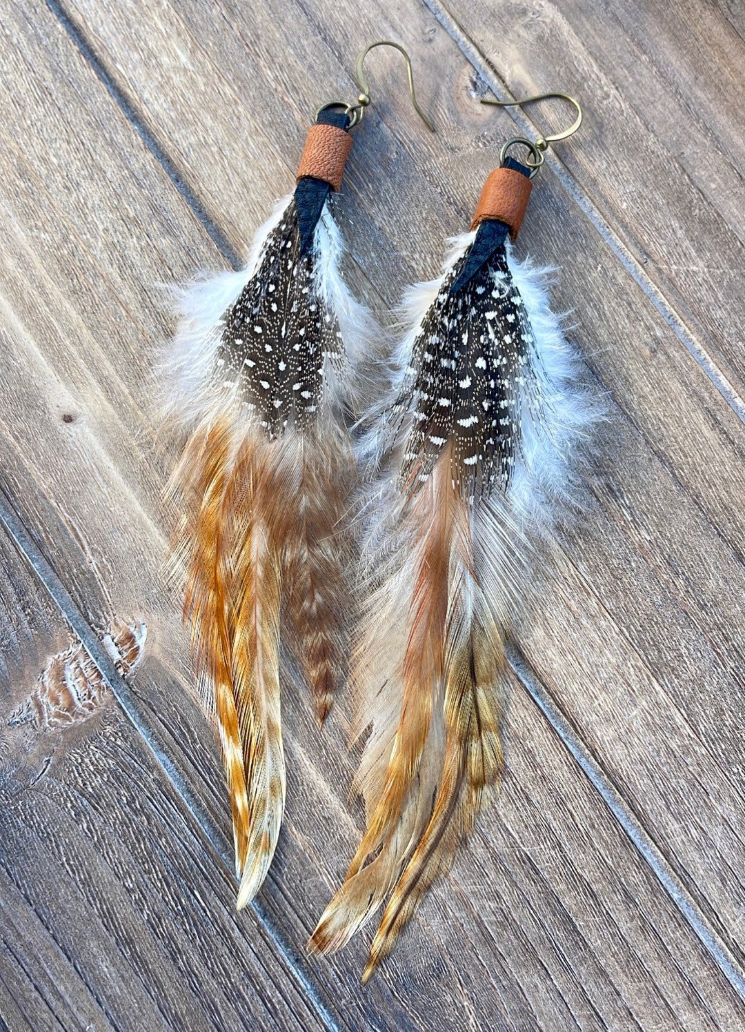 Tan Feather Earrings, Natural Feather Earrings, Leather Earrings, Boho ...