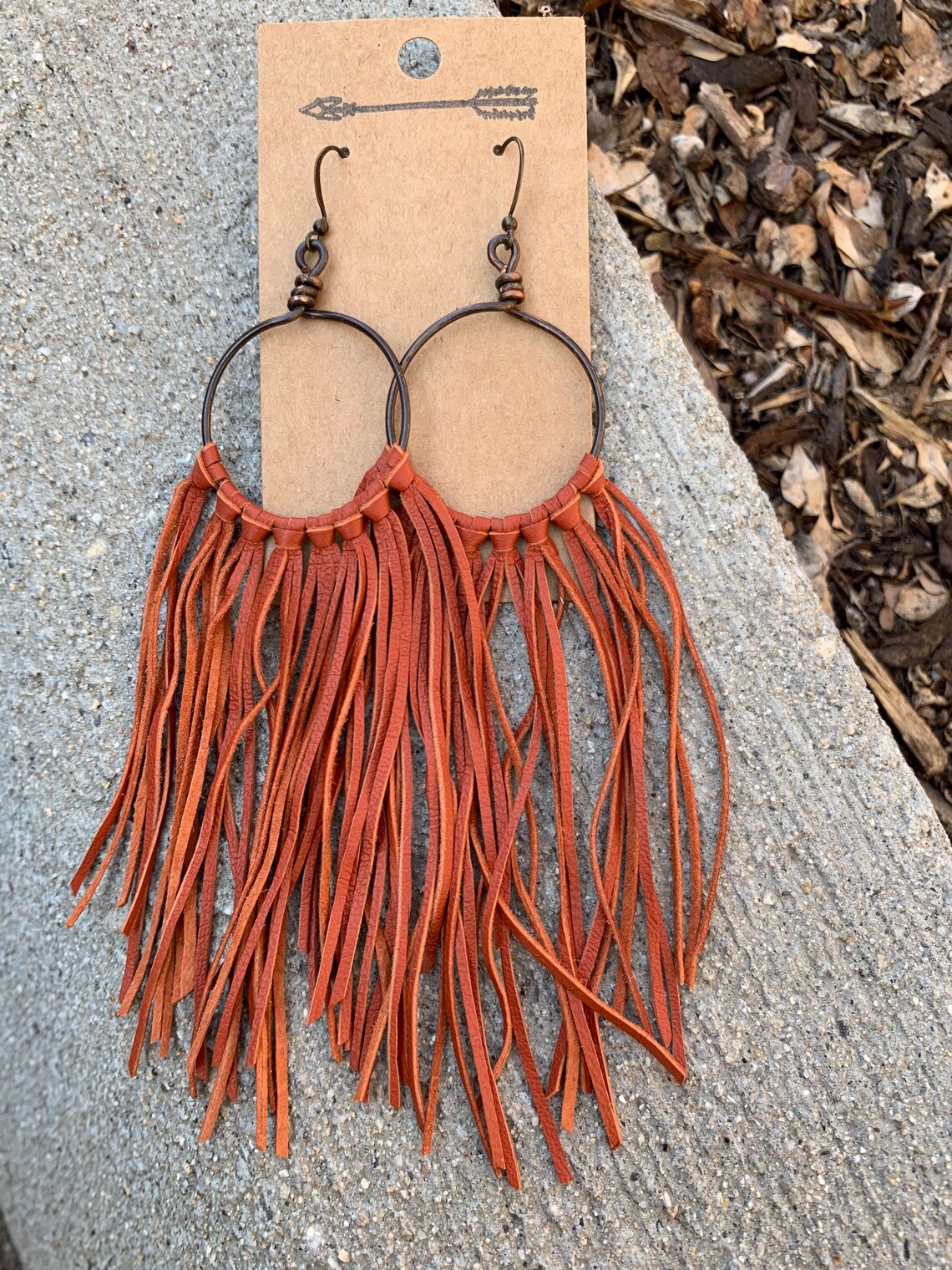 Rust Color Leather Fringe Earrings, Handmade Wire Hoops, Leather ...