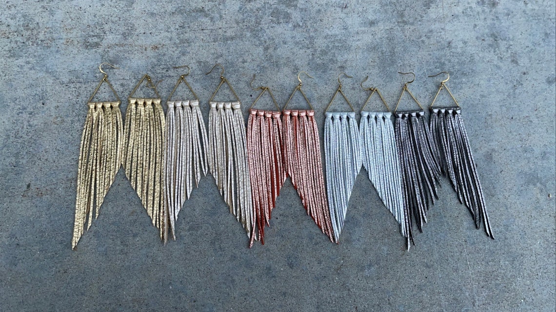 Heavy Metal Metallic Leather Fringe Earrings, Metallic Earrings ...