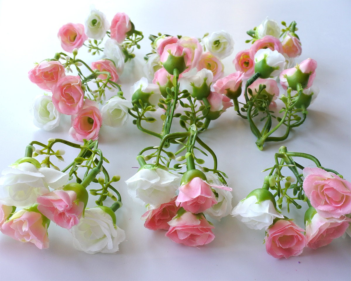 30 Mini Roses , 6 Stems Pink Mix White Color Silk Flowers, Millinery ...