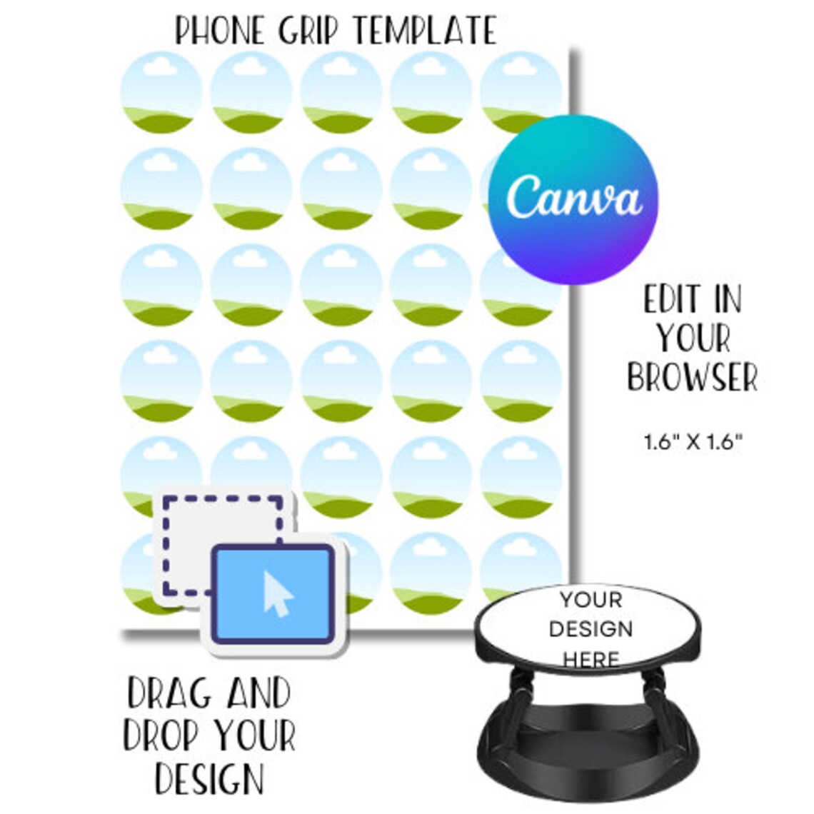 Phone Grip Template | Digital Download Template | Edit in Canva | Drag ...