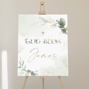 God Bless Sign Template, Green Gold Baptism Welcome Sign, Unique ...