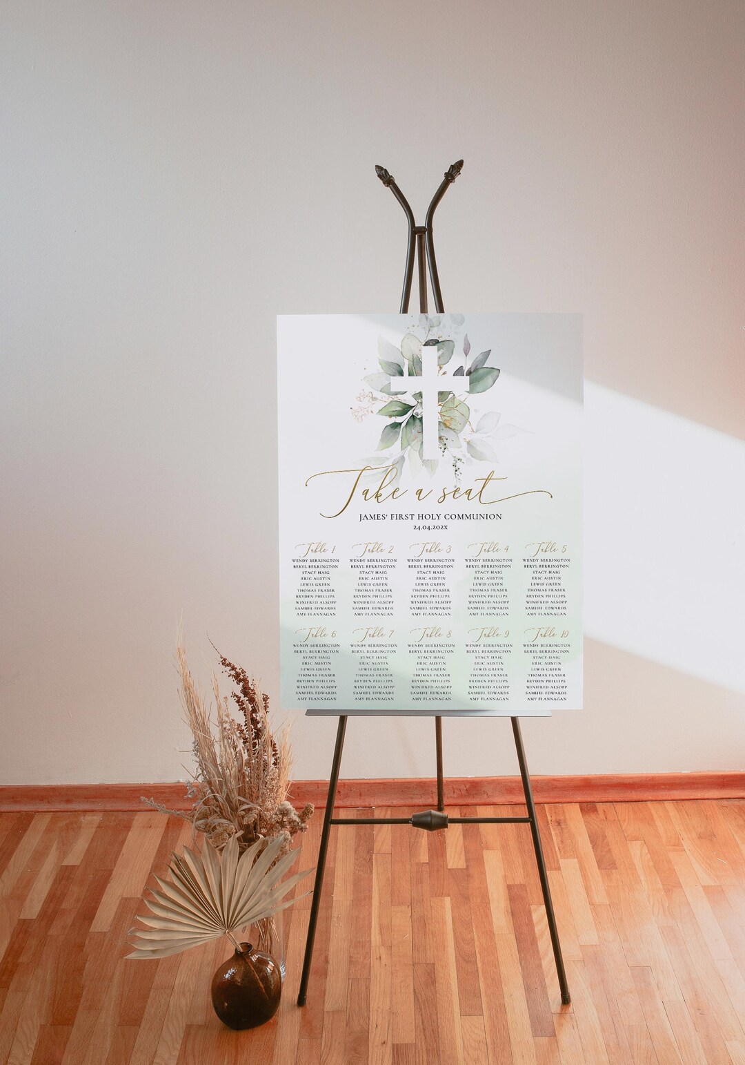 Green First Holy Communion Seating Chart Printable, Greenery Baptism ...