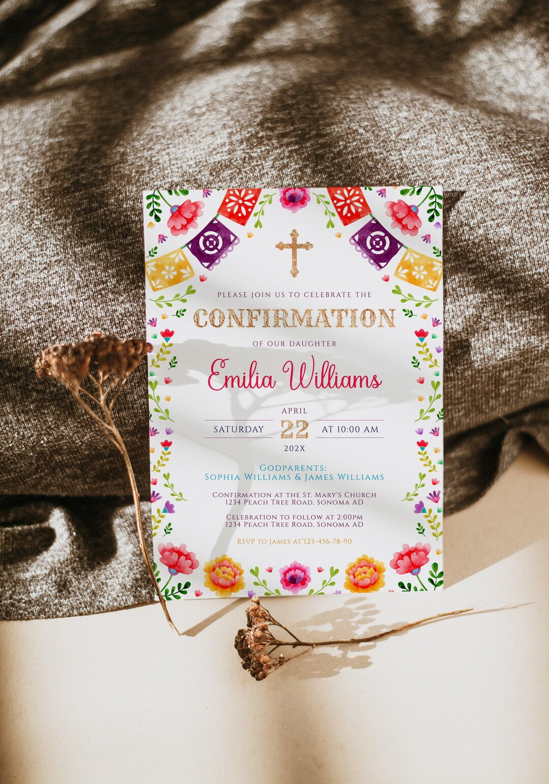 Mexican Girl Confirmation Invitation Printable, Mexican Floral ...