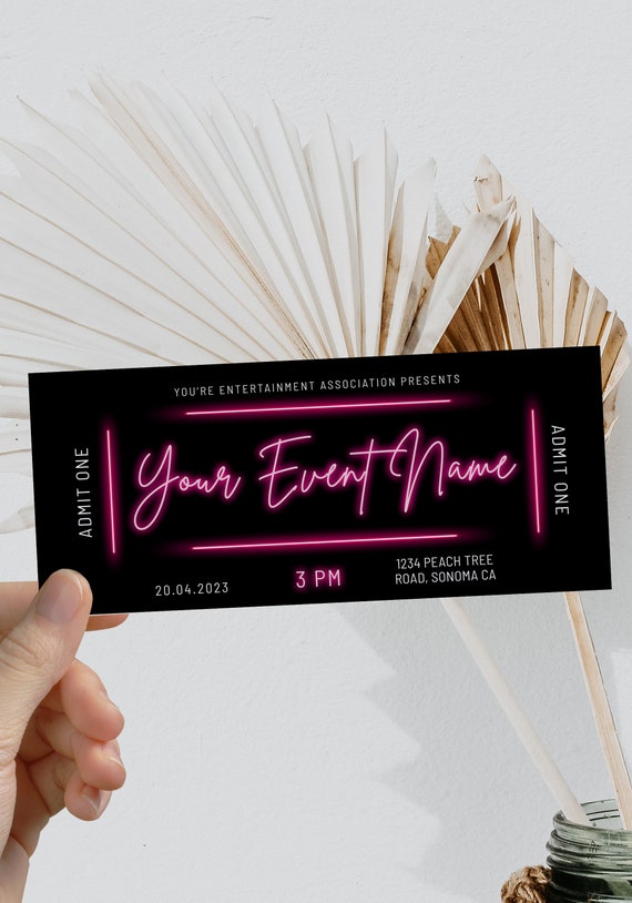 Neon light event ticket template, editable event tickets, birthday ...