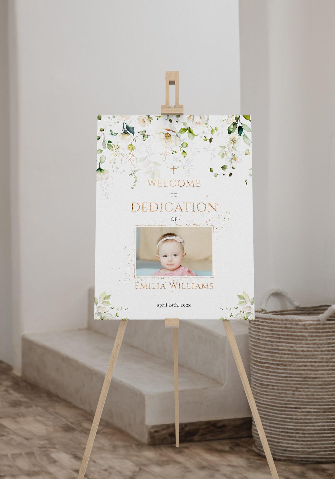 Modern Dedication Welcome Sign Printable, Green and Gold Baptism ...