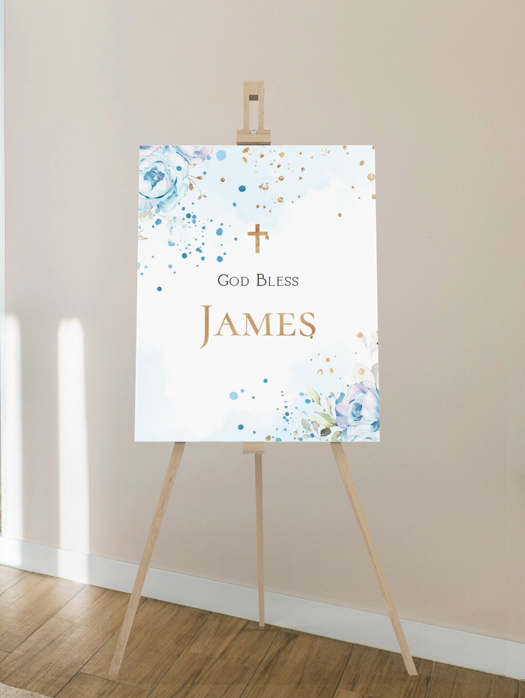 Boy God Bless Sign Template, Baby Blue Baptism Welcome Sign, Unique ...