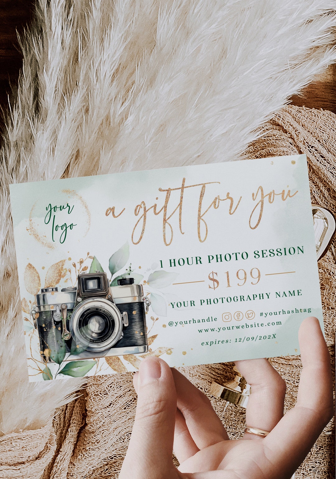 Photo Session Voucher, Photography Gift Certificate Greenery & Gold ...