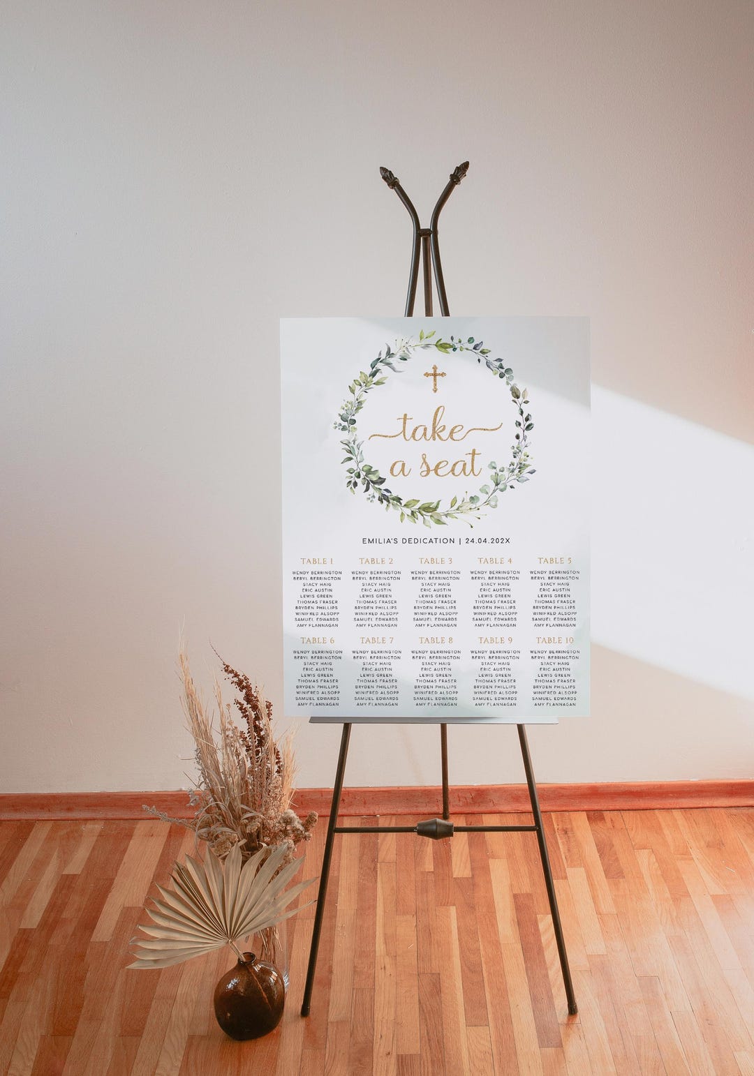 Take a Seat Dedication Seating Chart Printable, Minimalist Green Leaves ...