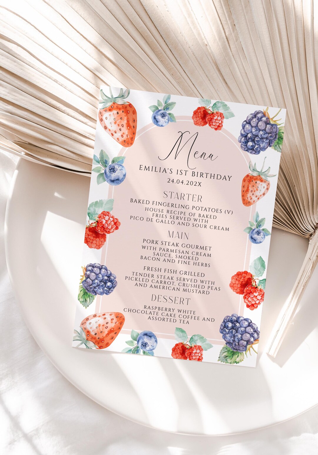 Sweet Berry First Birthday Party Menu Card Printable, Pink Berry Arch ...