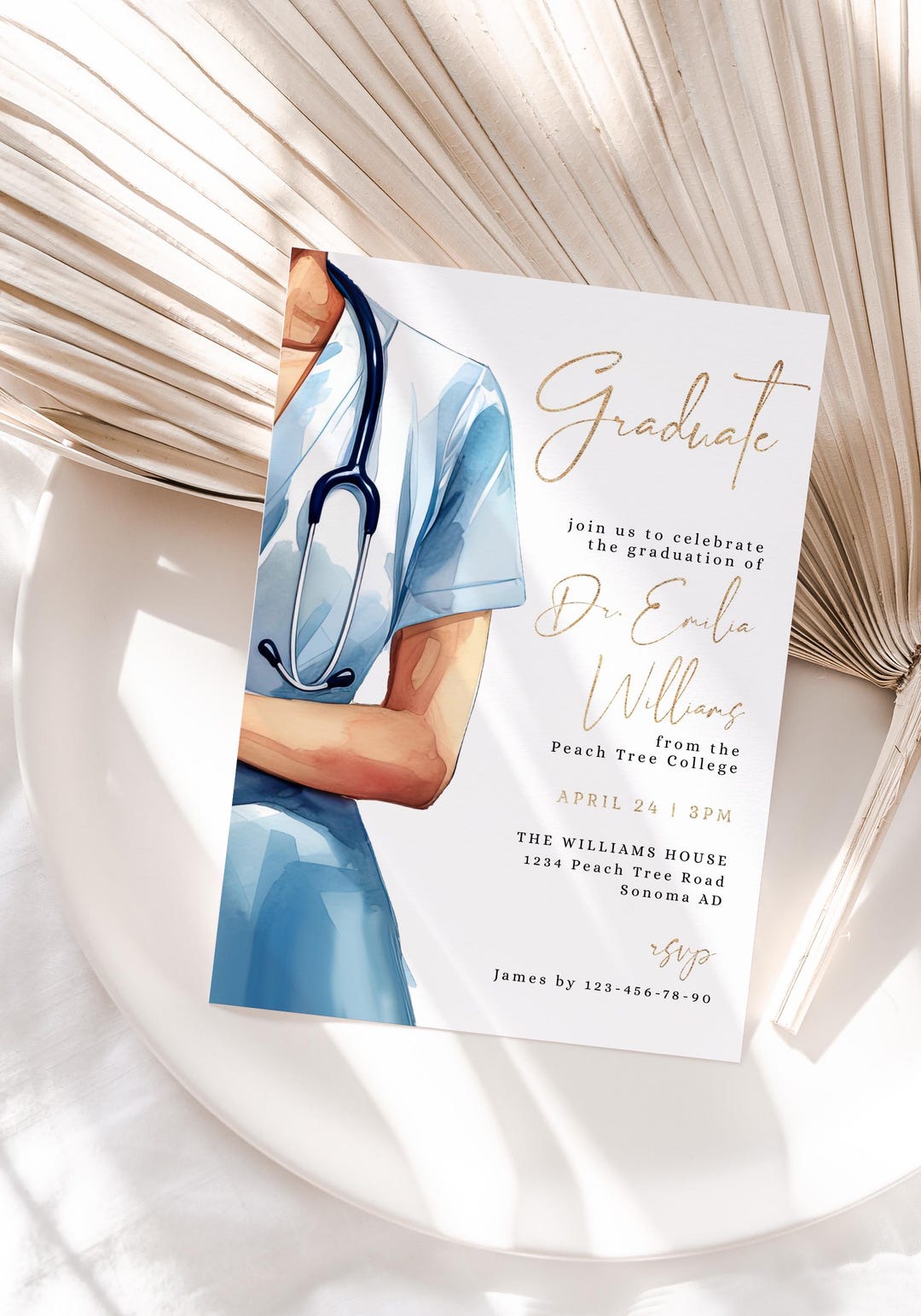 Stethoscope Medical Graduation Invitation Printable, Blue Modern ...