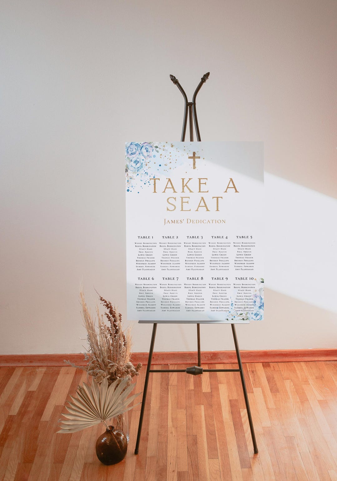 Modern Dedication Seating Chart Printable, Minimalist Blue Gold ...