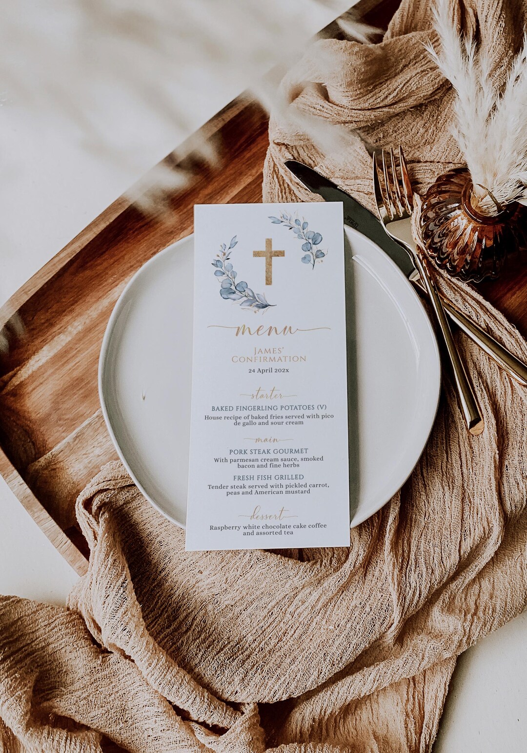 Baptism Confirmation Menu Card Printable, Floral Blue Gold Boy ...