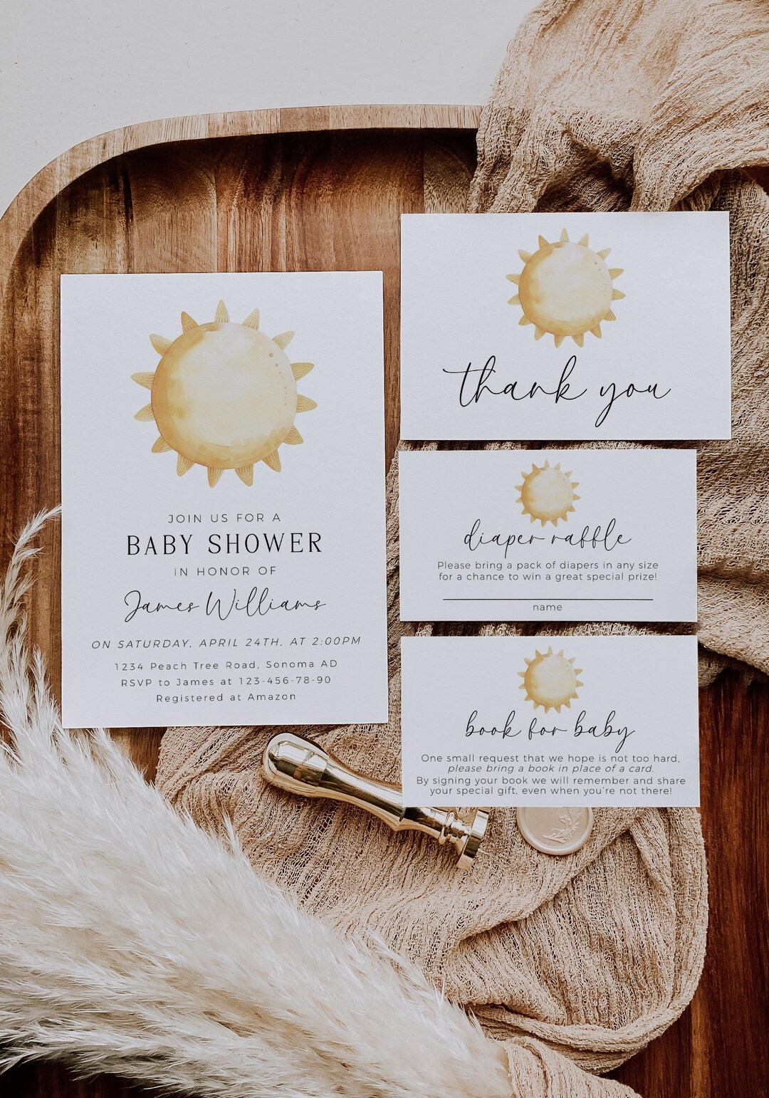 Minimalist Sun Baby Shower Invitation Set Printable: Modern Yellow ...