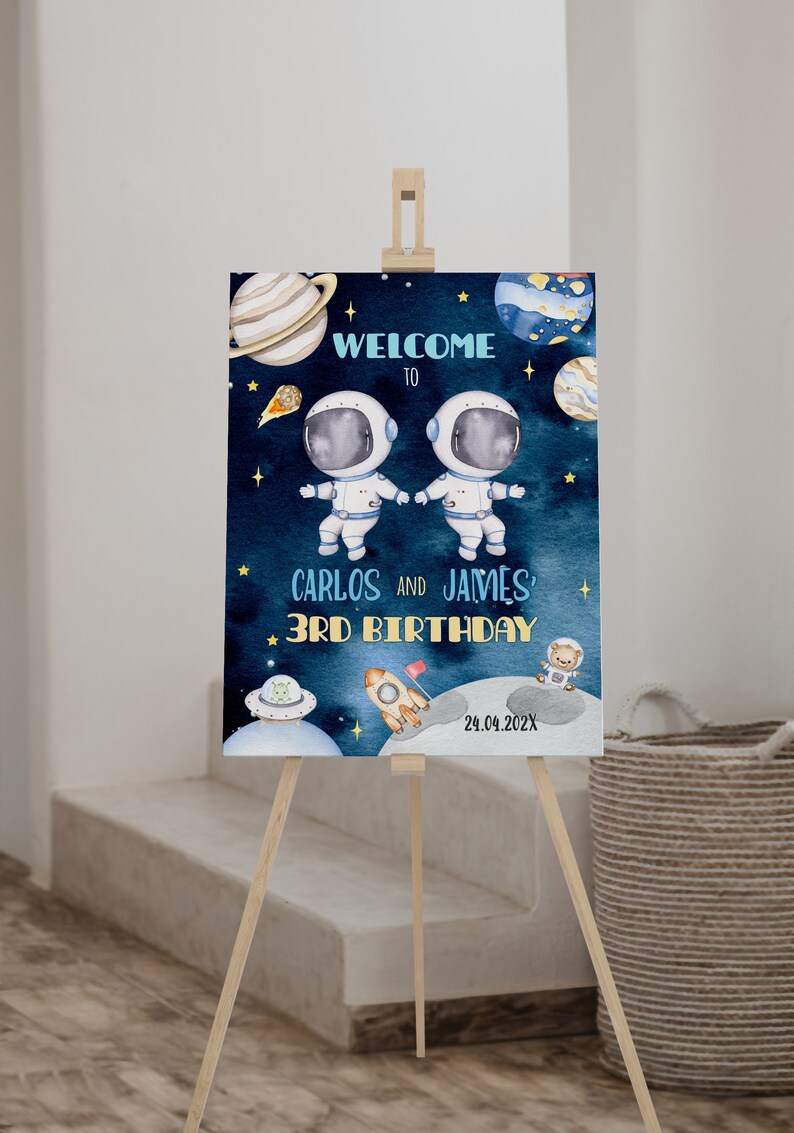Space Themed Twin Birthday Welcome Sign Printable, Galaxy Welcome 3rd ...
