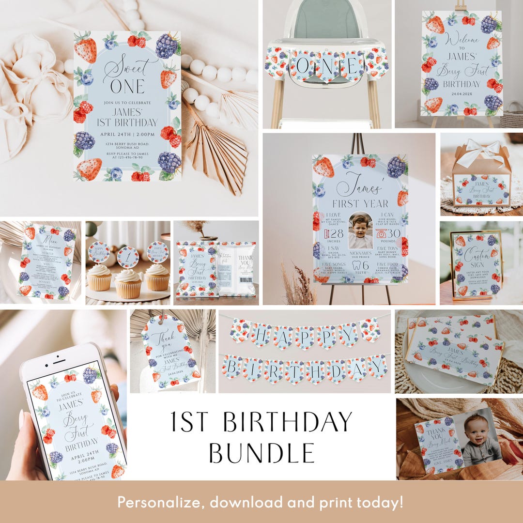 Complete Berry First Boy Birthday Party Invitation Bundle Printable ...