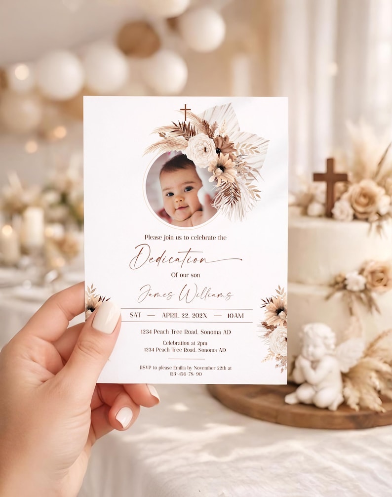 Baby Dedication Invitation Template, Beige Boho Floral Dedication ...