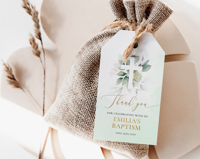 Baptism Favour Tags, Editable Tags, Christening Favor Tags, Greenery ...