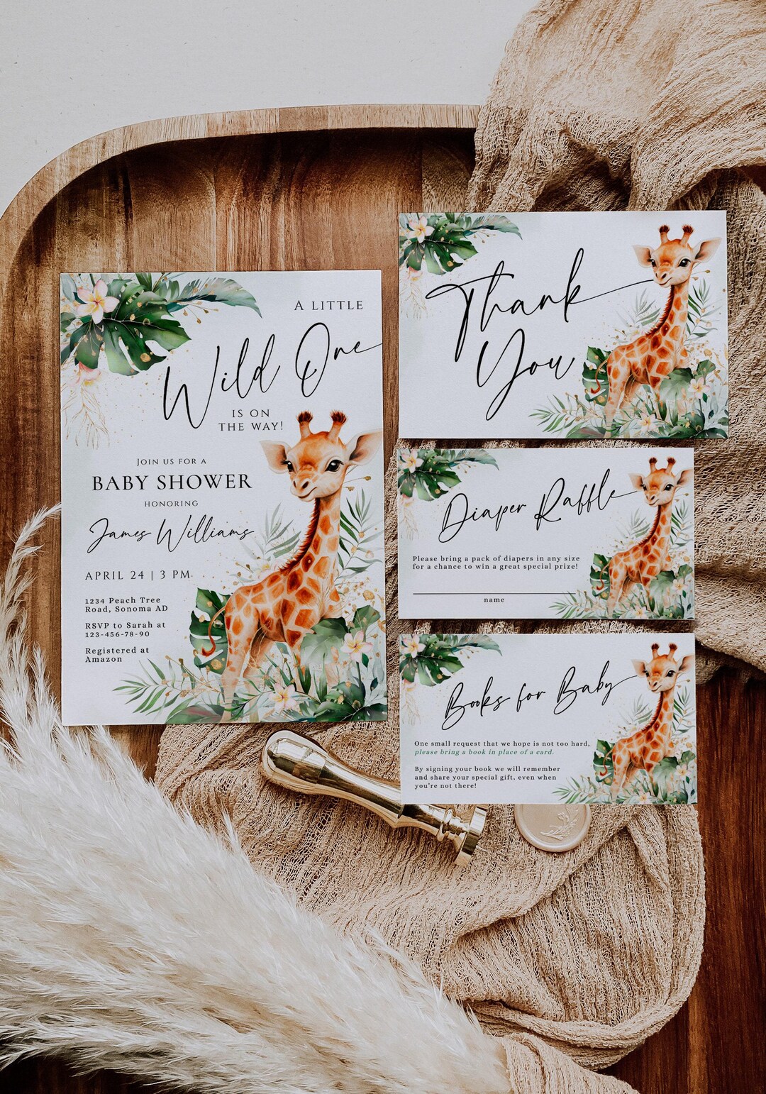 A Little Wild One Baby Shower Invitation Set Printable, Safari Giraffe ...