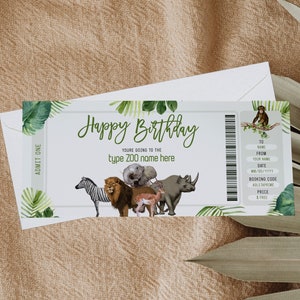 Zoo Printable Ticket, Happy Birthday Zoo Gift Voucher Template DIY ...