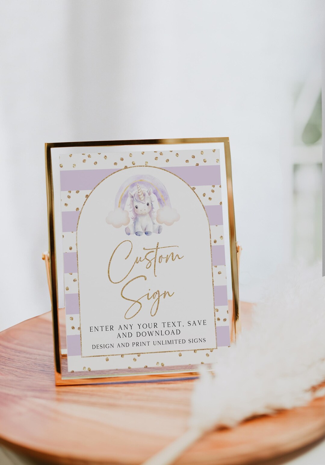 Unicorn Custom Table Sign Printable, Purple and Gold Rainbow Birthday ...