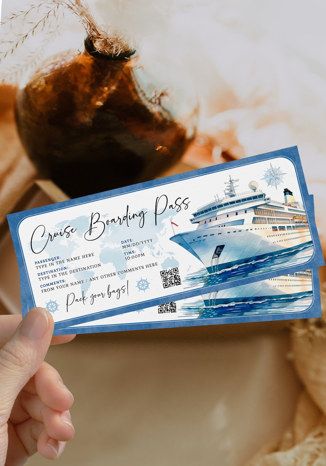 Cruise Blue Decor Boarding Pass, Personalise Ship Boarding Pass, Travel ...