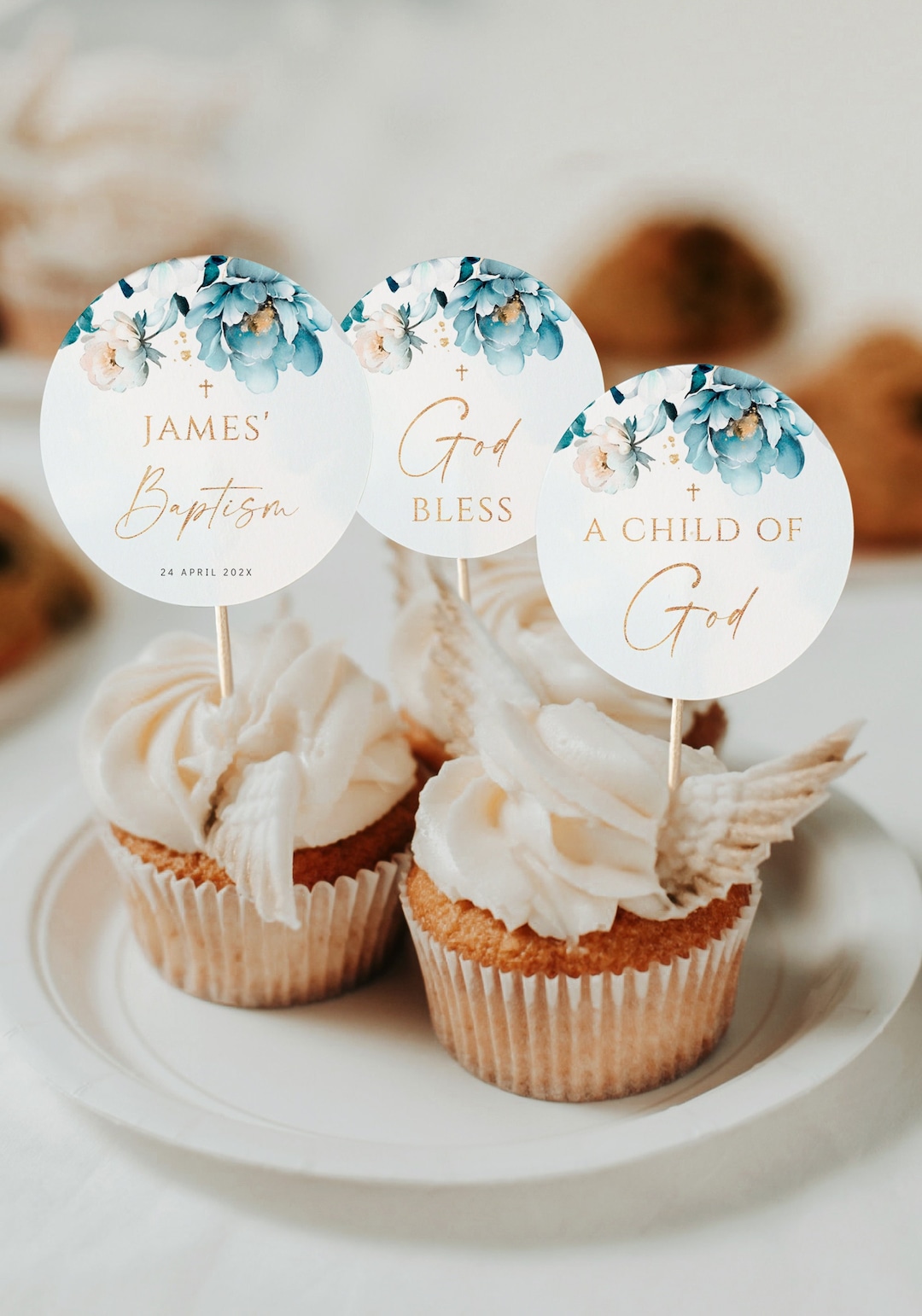 Child of God Baptism Cupcake Toppers Decoration, Gold Blue Baptism ...