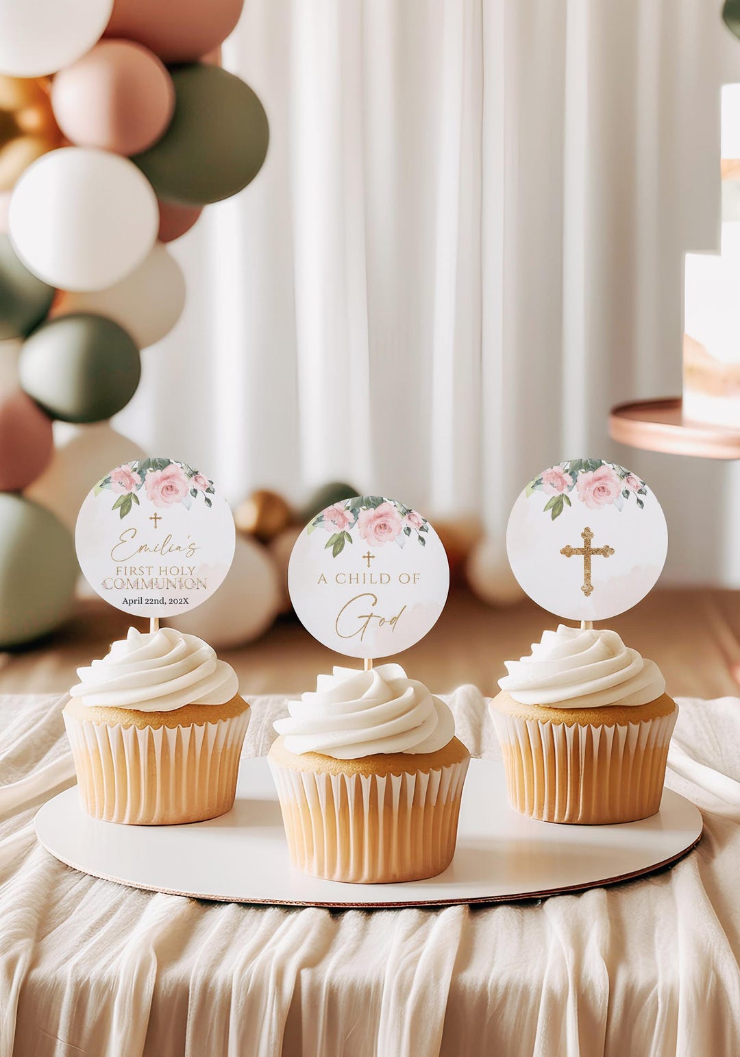 Pink Floral First Holy Communion Cupcake Toppers Printable, Girl Floral ...