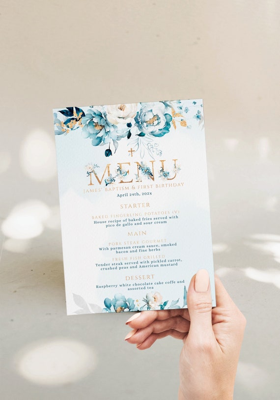 Blue baptism and first birthday menu printable, floral christening 1st ...