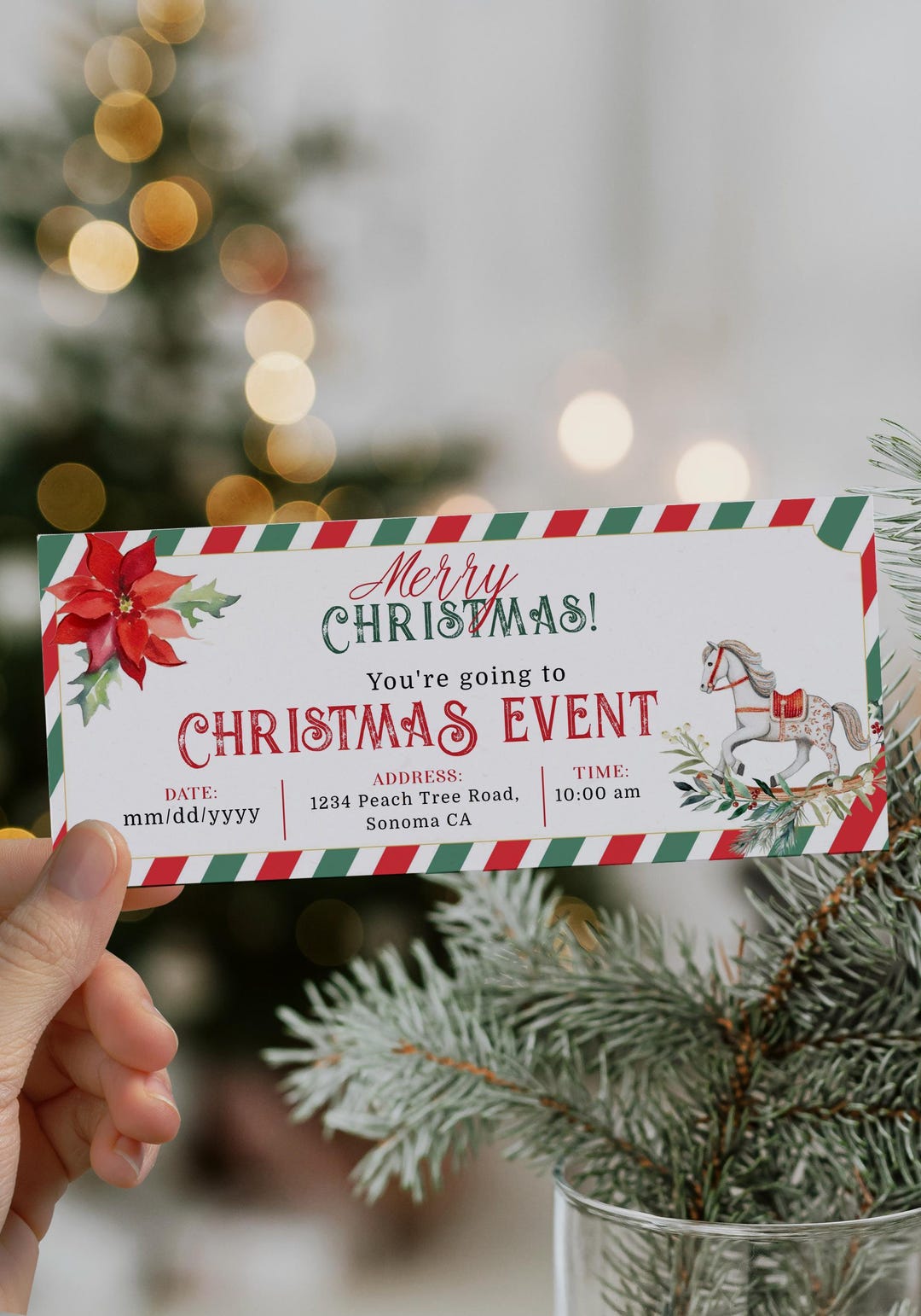Merry Christmas Event Ticket Template Printable: Red Poinsettia & Green ...