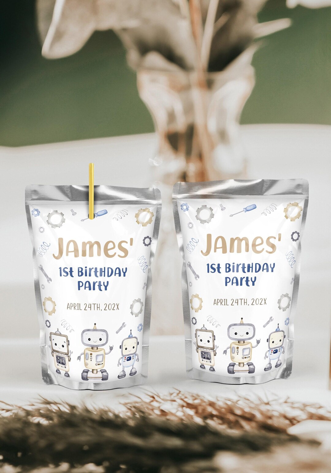 Robots Birthday Juice Pouch Label Printable, Blue Little Robots First ...