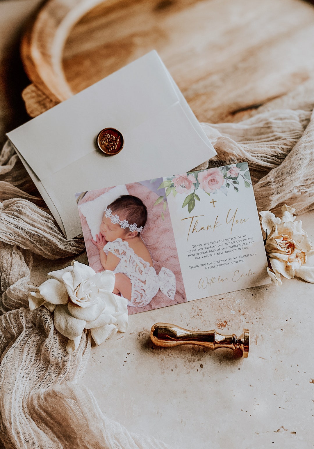 Pink Gold Floral Baptism Thank You Card Printable, Christening Thank ...