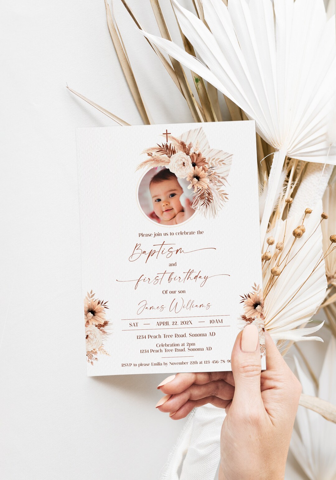 Baptism and First Birthday Boho Boy Invitation, Christening & 1st ...