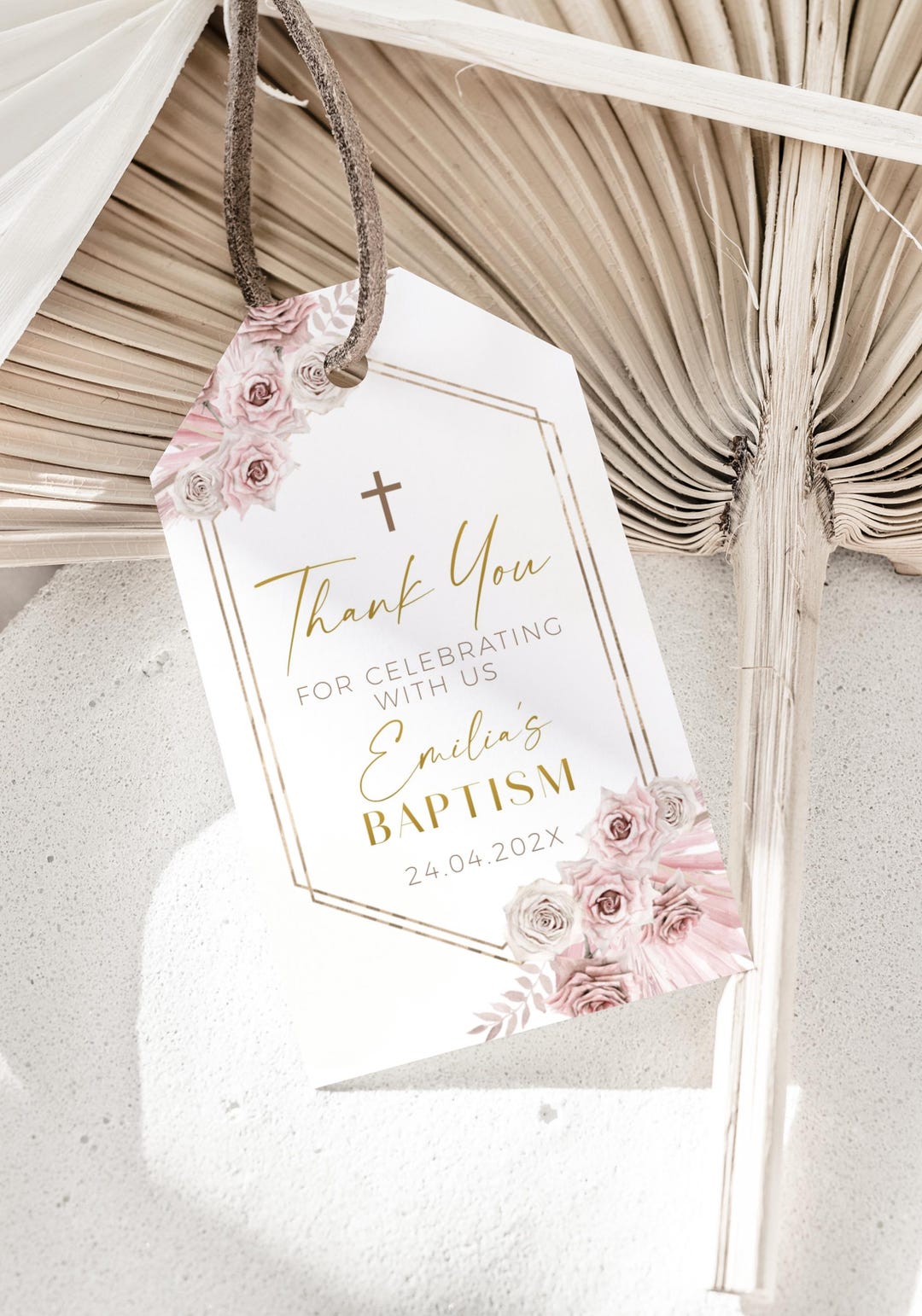 Bohemian Baptism Gift Tag Template, Pink Floral Girl Baptism Thank You ...