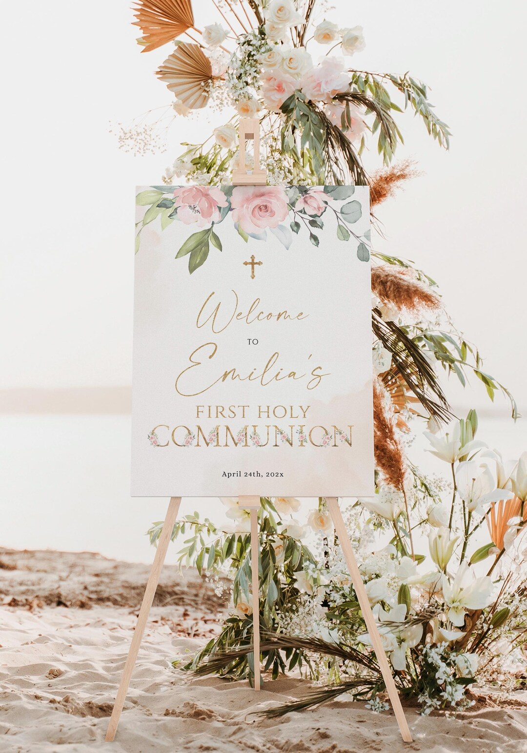 Flowers Girl First Communion Welcome Poster Template, Pink Floral First ...