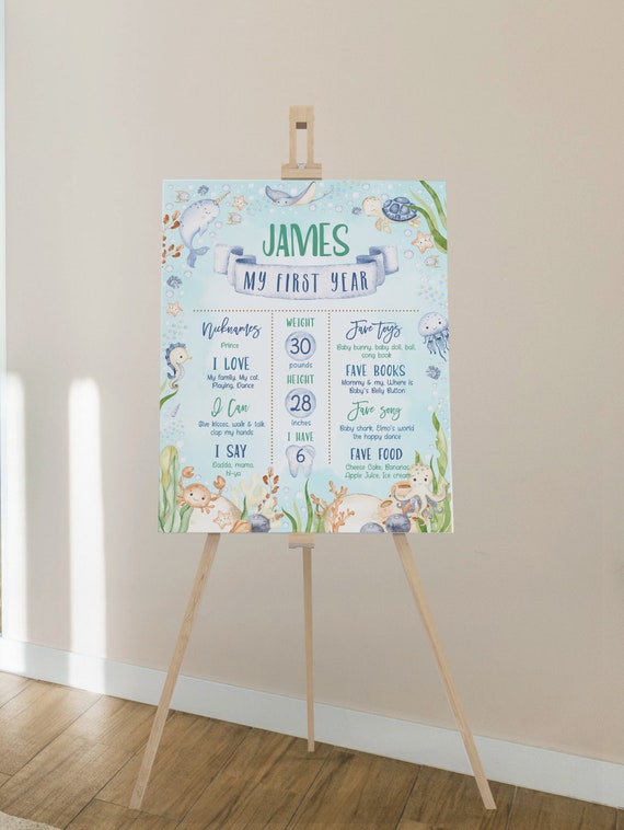 Editable under the sea 1st birthday milestone board, ocean baby's 1st ...