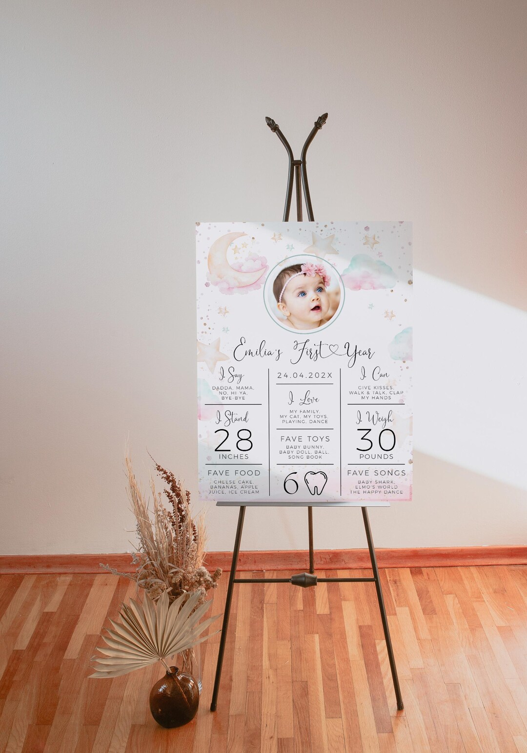 Sky First Birthday Milestone Sign With Photo Printable, Pastel Clouds ...