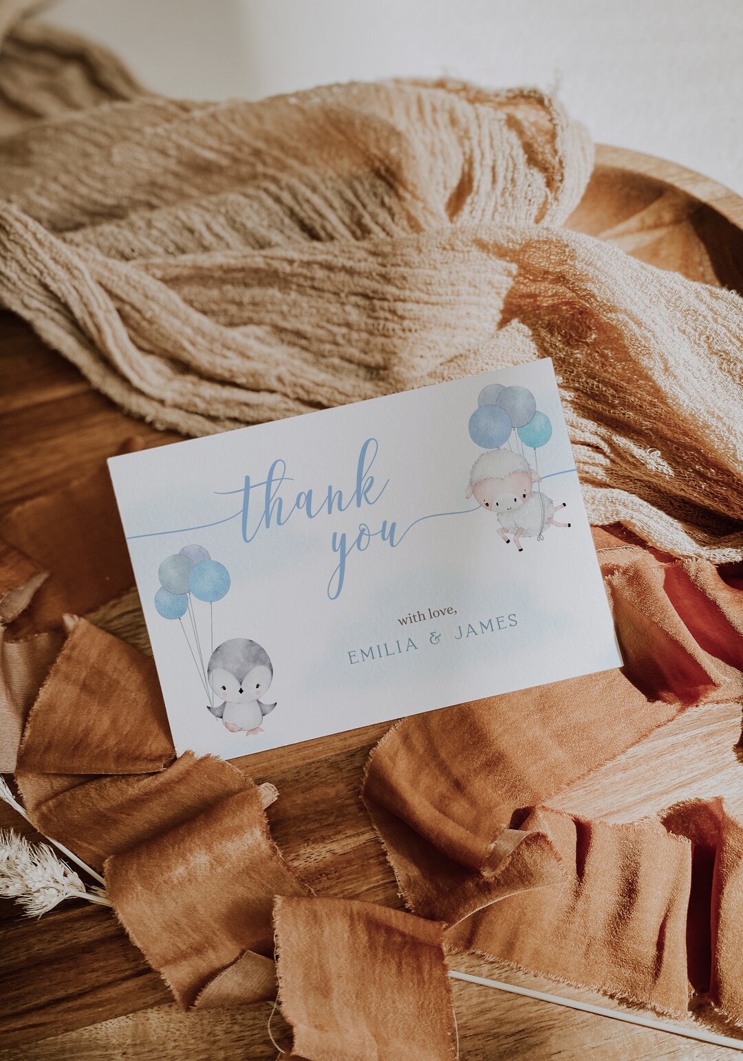 Baby Shower Thank You Card Template, Penguin & Sheep Blue Shower Thank ...