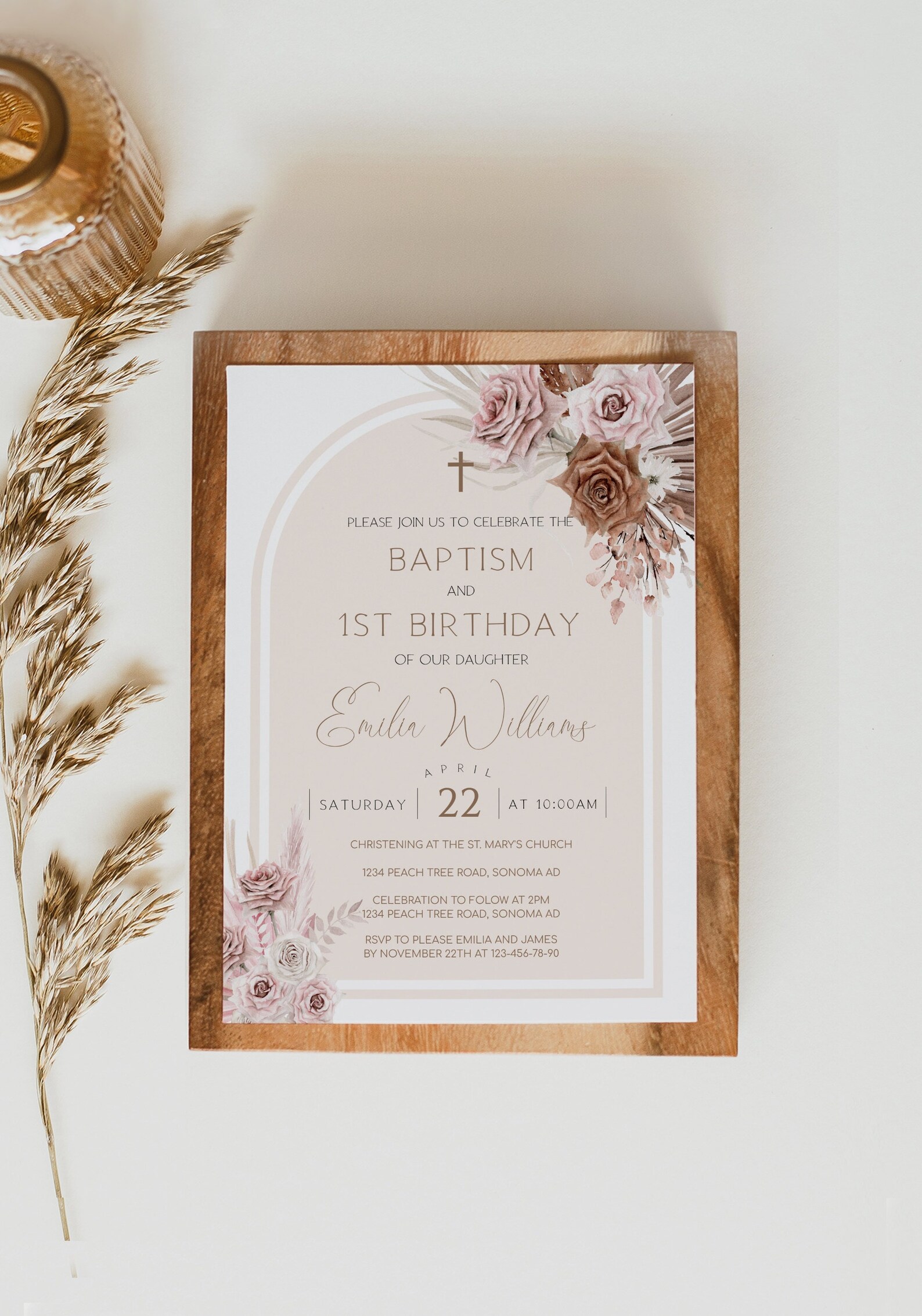 Bohemian Baptism and First Birthday Invitation Girl, Boho Christening ...