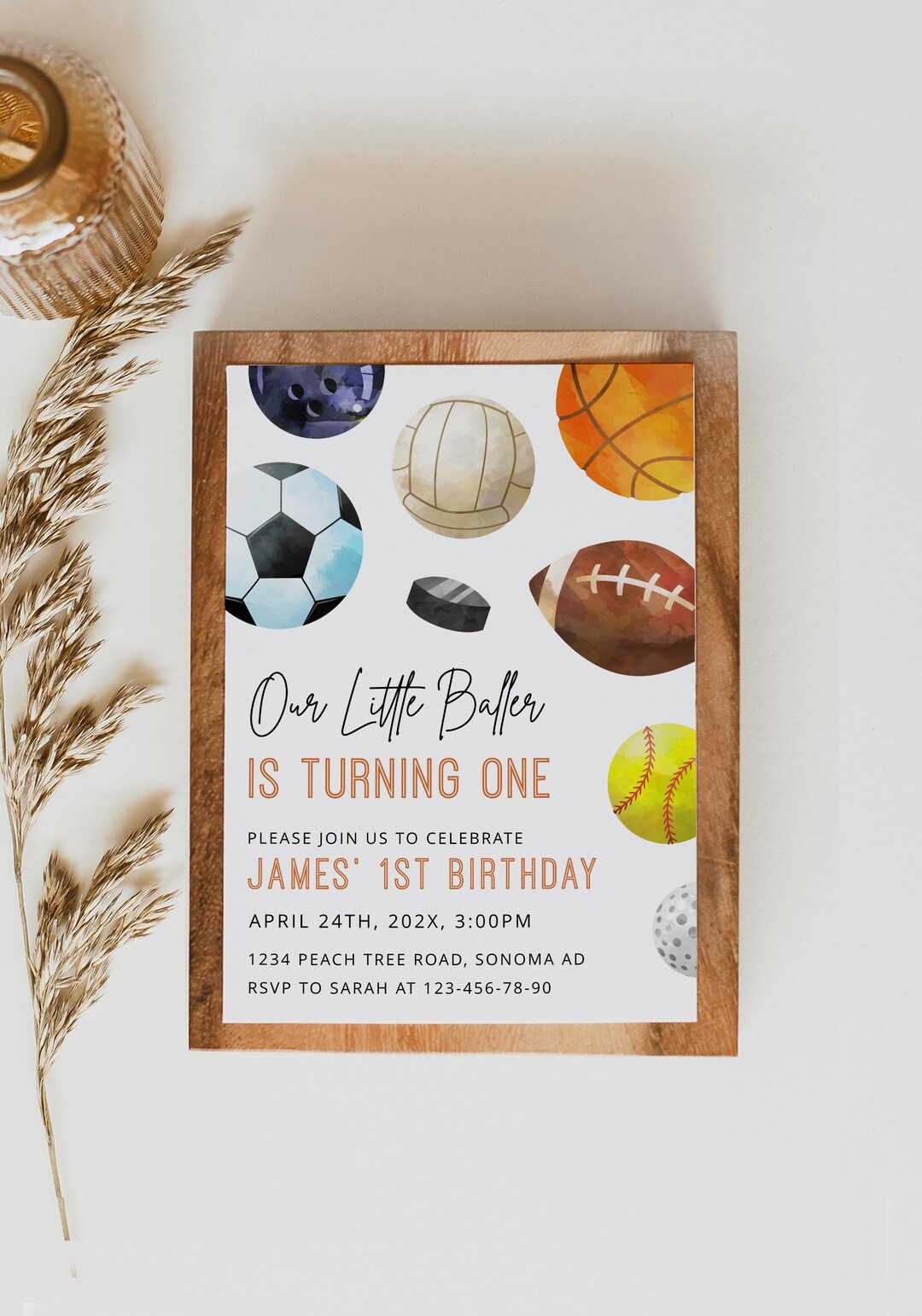 Our Little Baller is Turning One Invitation Printable, Sports Balls 1st ...