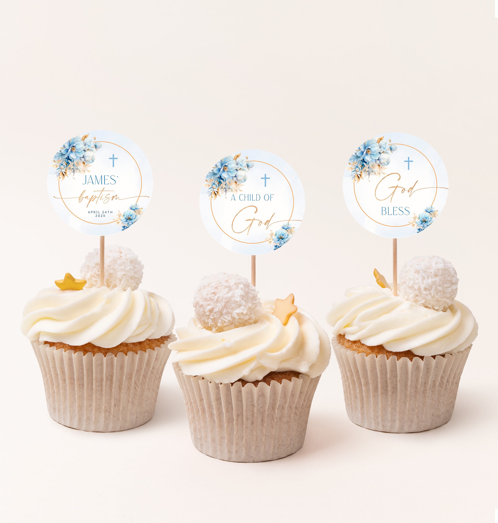 Boy Gold Blue Baptism Cupcake Toppers Printable, Floral Religious ...