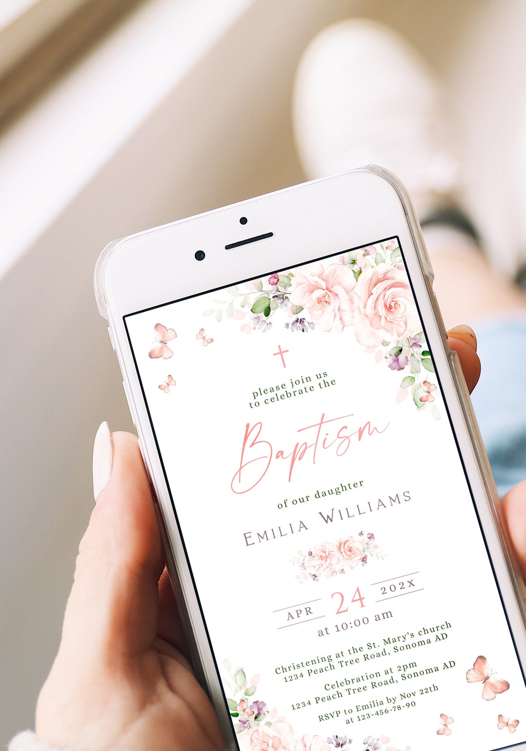 Electronic Blush Pink Baptism Invitation, Girl Baptism Invite Phone ...