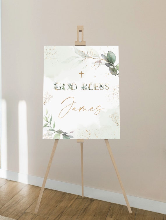 God bless sign template, green gold baptism welcome sign, unique ...