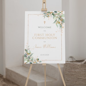 First Holy Communion Welcome Poster Template, Eucalyptus Gold Leaves ...