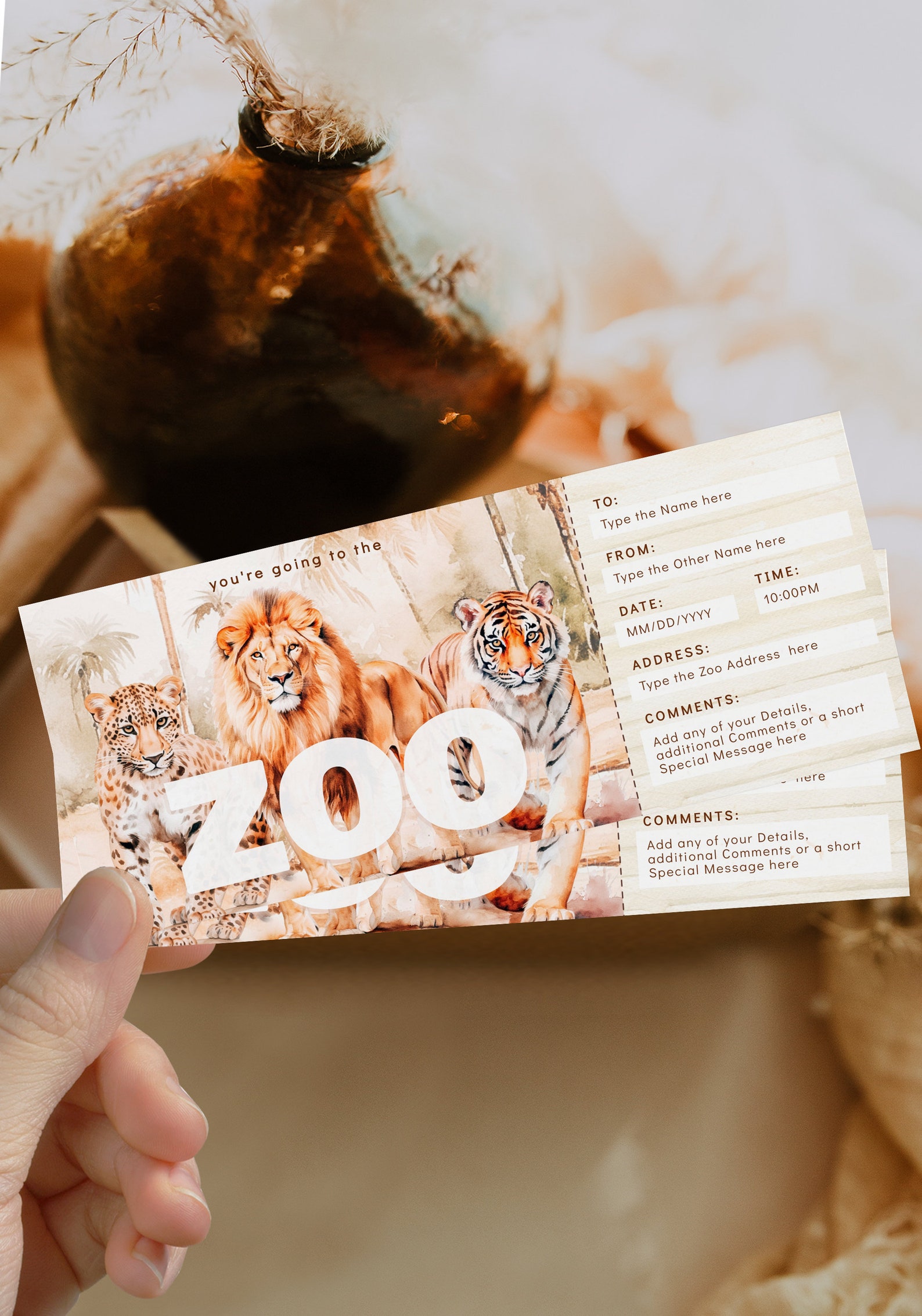 Zoo Surprise Gift Ticket Editable and Print,lion Tiger Gift Ticket for ...