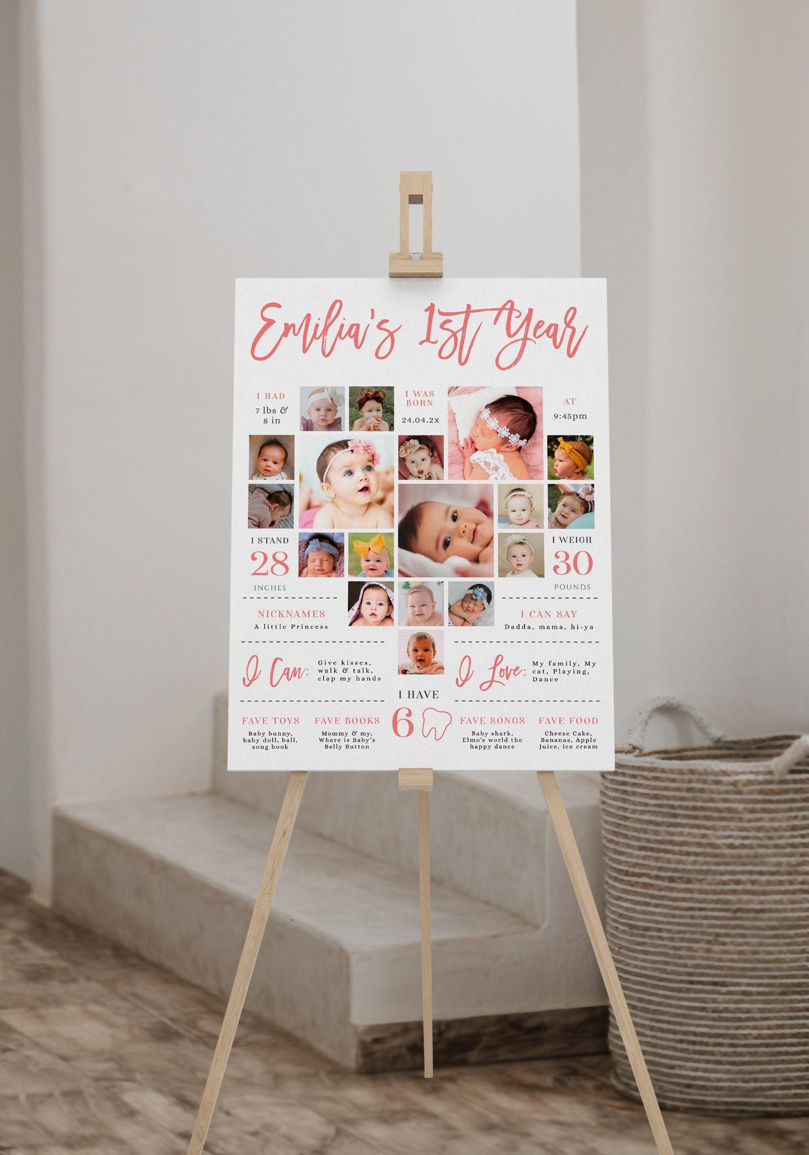 Heart 12 Months Photo Collage Editable, 1st Year Milestone Poster ...